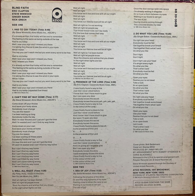 Vintage Vinyl Blind Faith, Self-titled Album, Atco SD33-304, Eric Clapton, Steve Winwood, Ginger ...