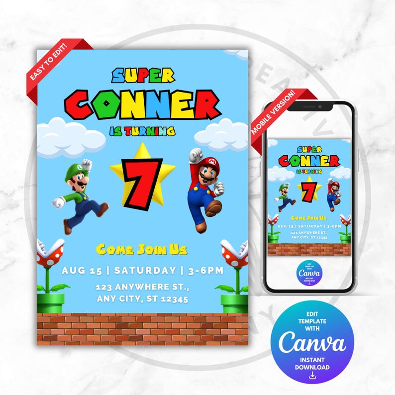 Mario and Luigi Invitation Template, Mario and Luigi Editable Template ...