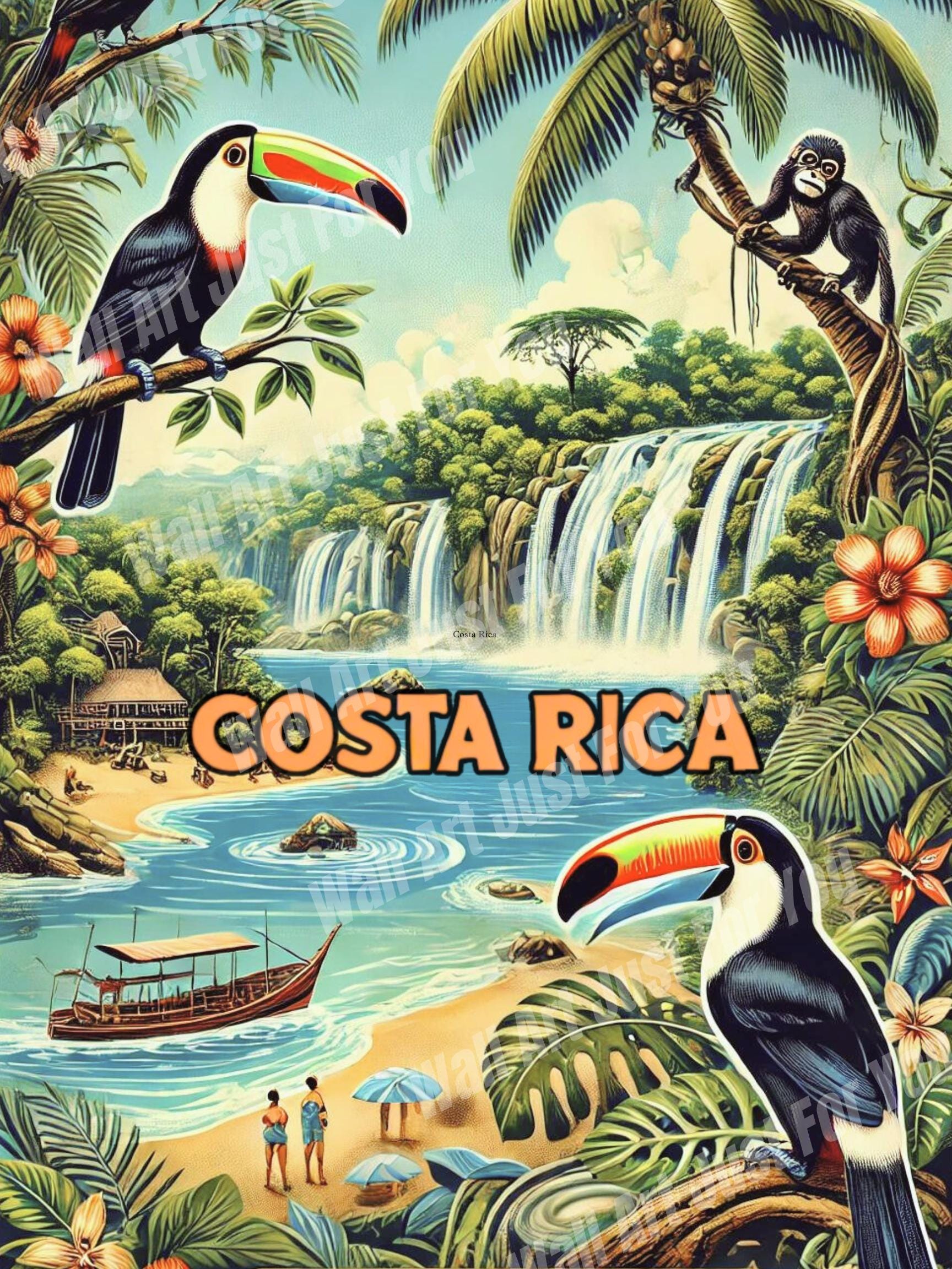 Costa Rica Printable Poster, Tropical Toucans Waterfalls Scenic Art ...