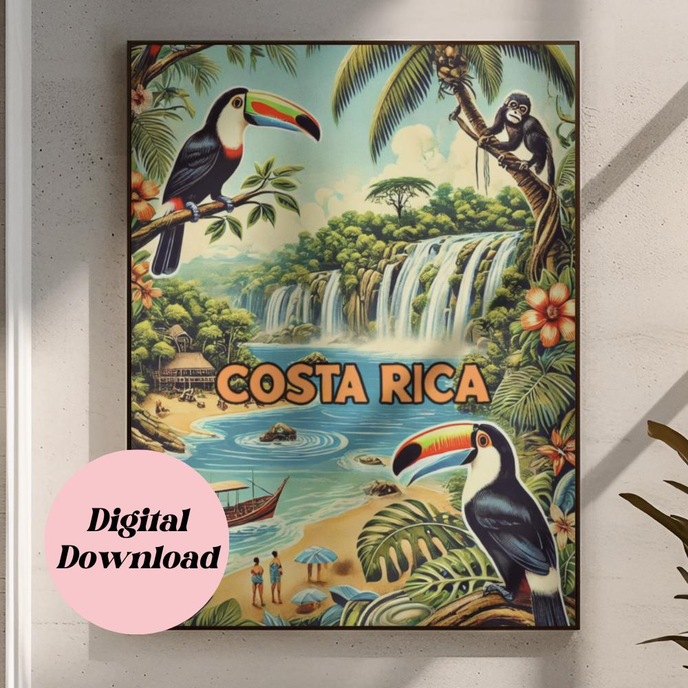 Costa Rica Printable Poster, Tropical Toucans Waterfalls Scenic Art ...