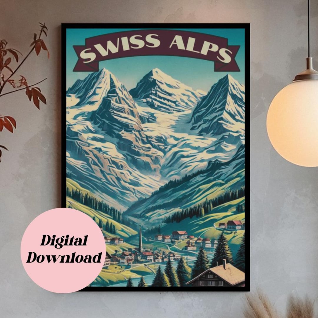 Printable Vintage Swiss Alps Travel Poster Digital Download, Retro Wall ...