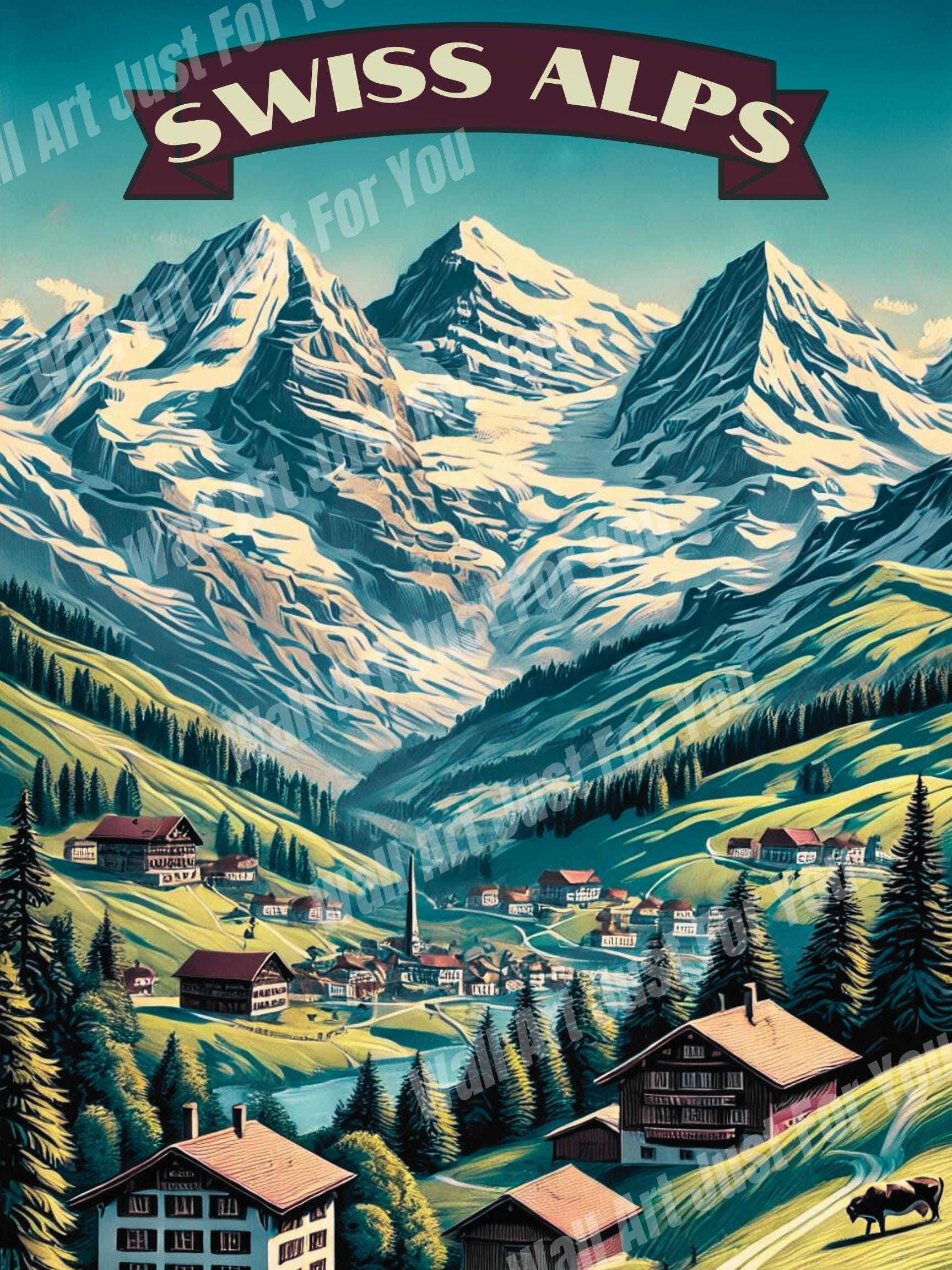 Printable Vintage Swiss Alps Travel Poster Digital Download, Retro Wall ...