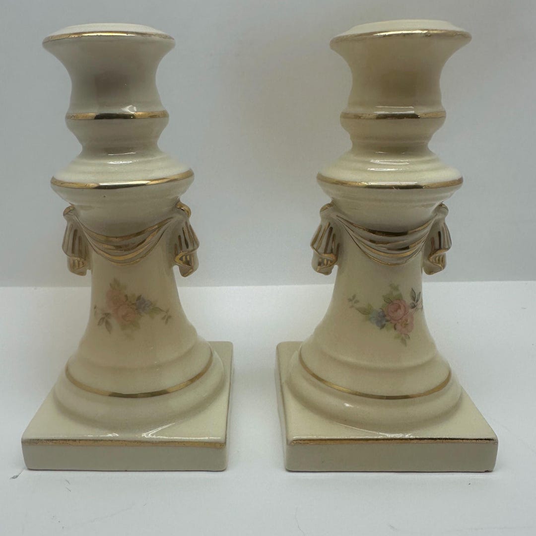 Vintage Porcelain Candlestick Holders With Floral Design and Gold Trim ...