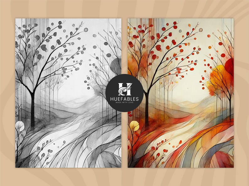 Abstract Autumn Coloring Pages for Adults | Grayscale Fall Landscape ...