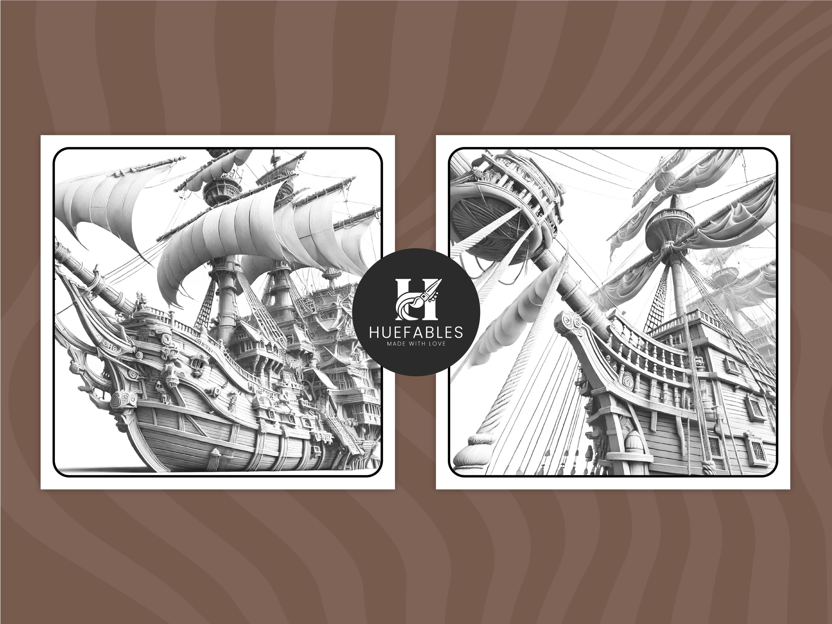 Pirate Ship Grayscale Coloring Pages for Adults & Kids - Fantasy Ship ...