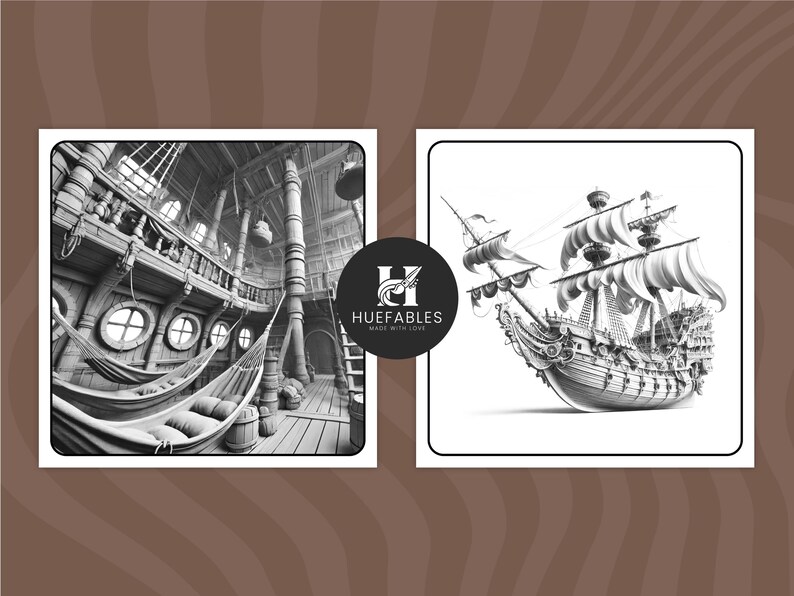 Pirate Ship Grayscale Coloring Pages for Adults & Kids - Fantasy Ship ...