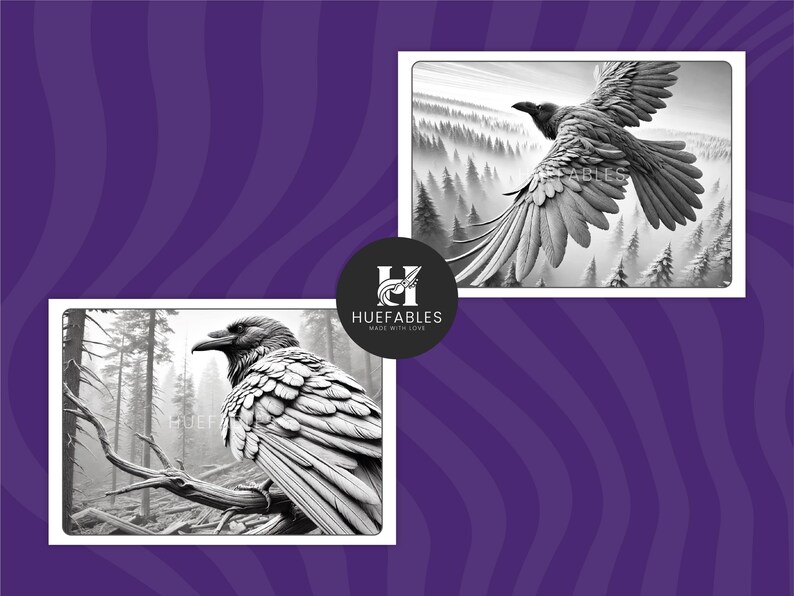 Grayscale Raven Coloring Pages for Adults: Gothic Bird Drawings ...