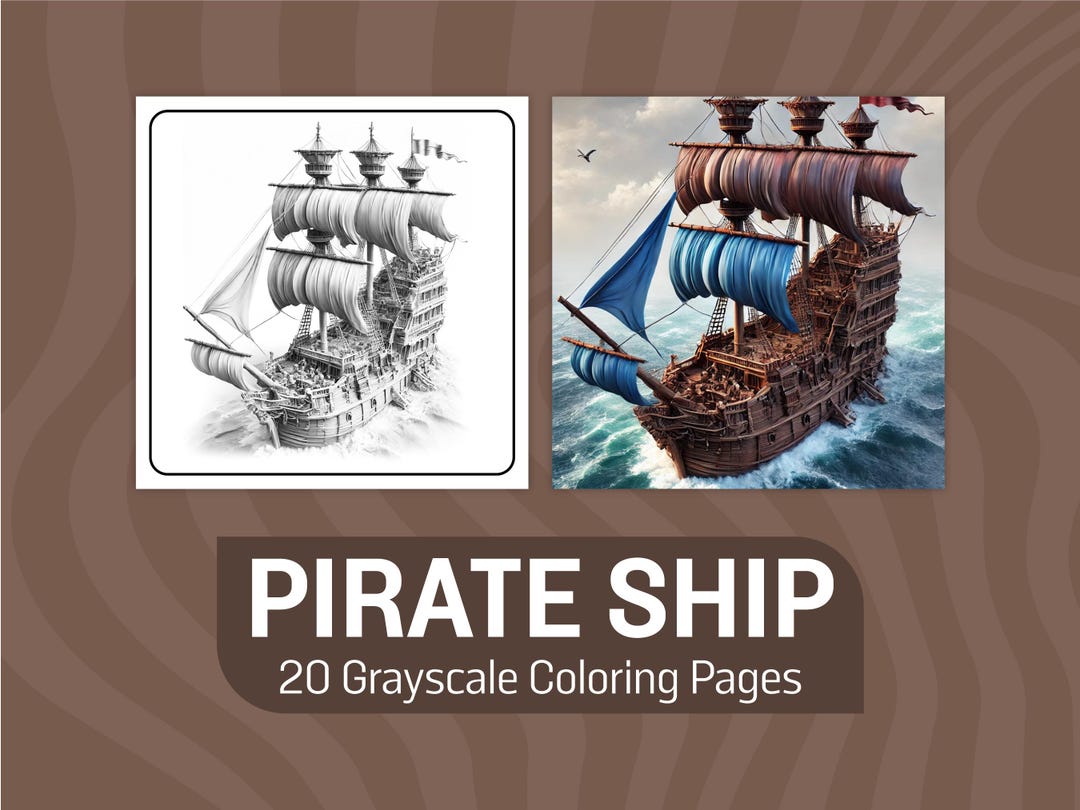 Pirate Ship Grayscale Coloring Pages for Adults & Kids - Fantasy Ship ...