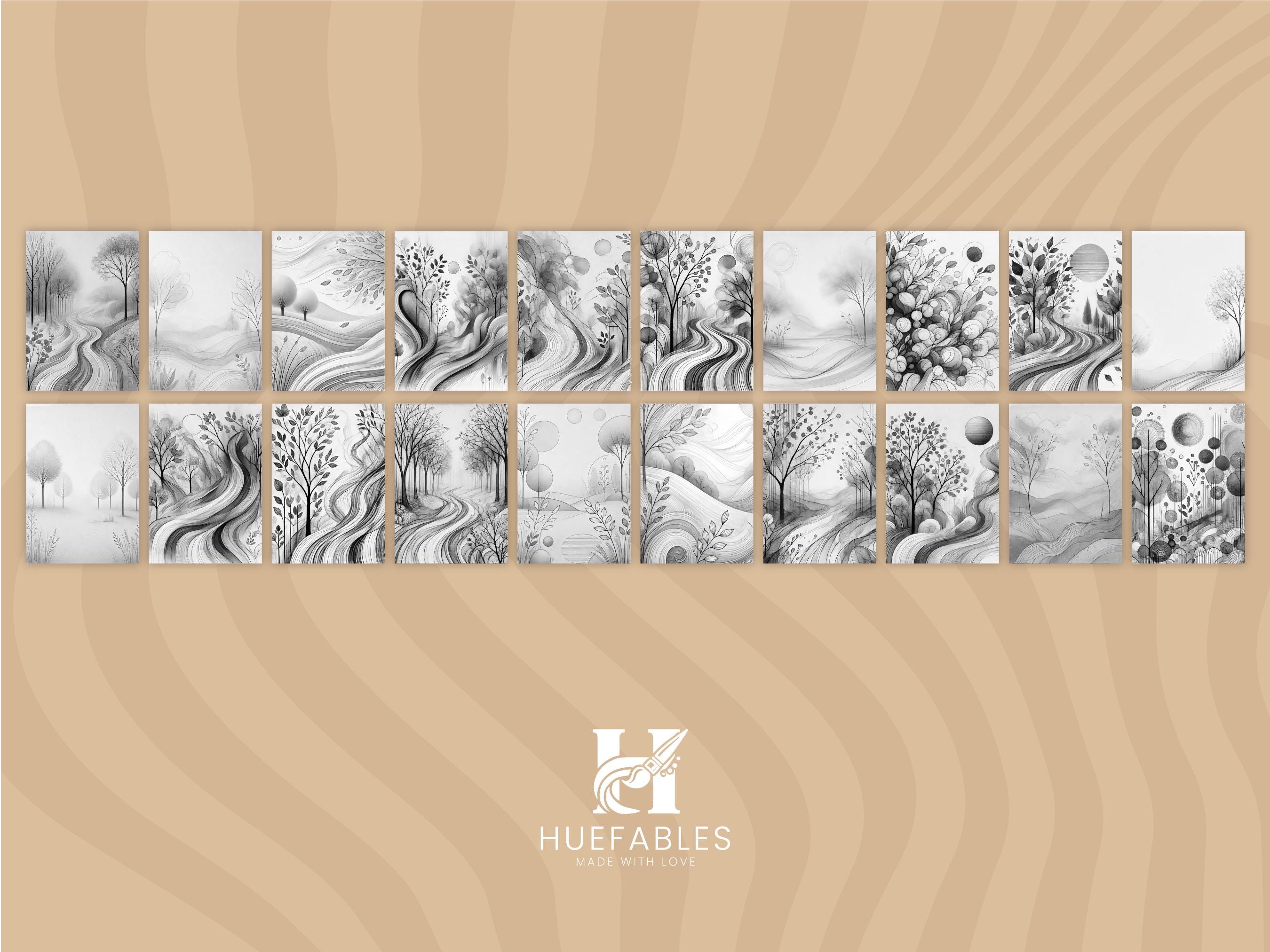 Abstract Autumn Coloring Pages for Adults | Grayscale Fall Landscape ...