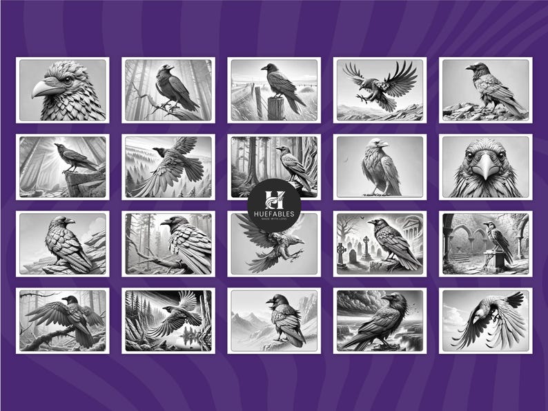 Grayscale Raven Coloring Pages for Adults: Gothic Bird Drawings ...