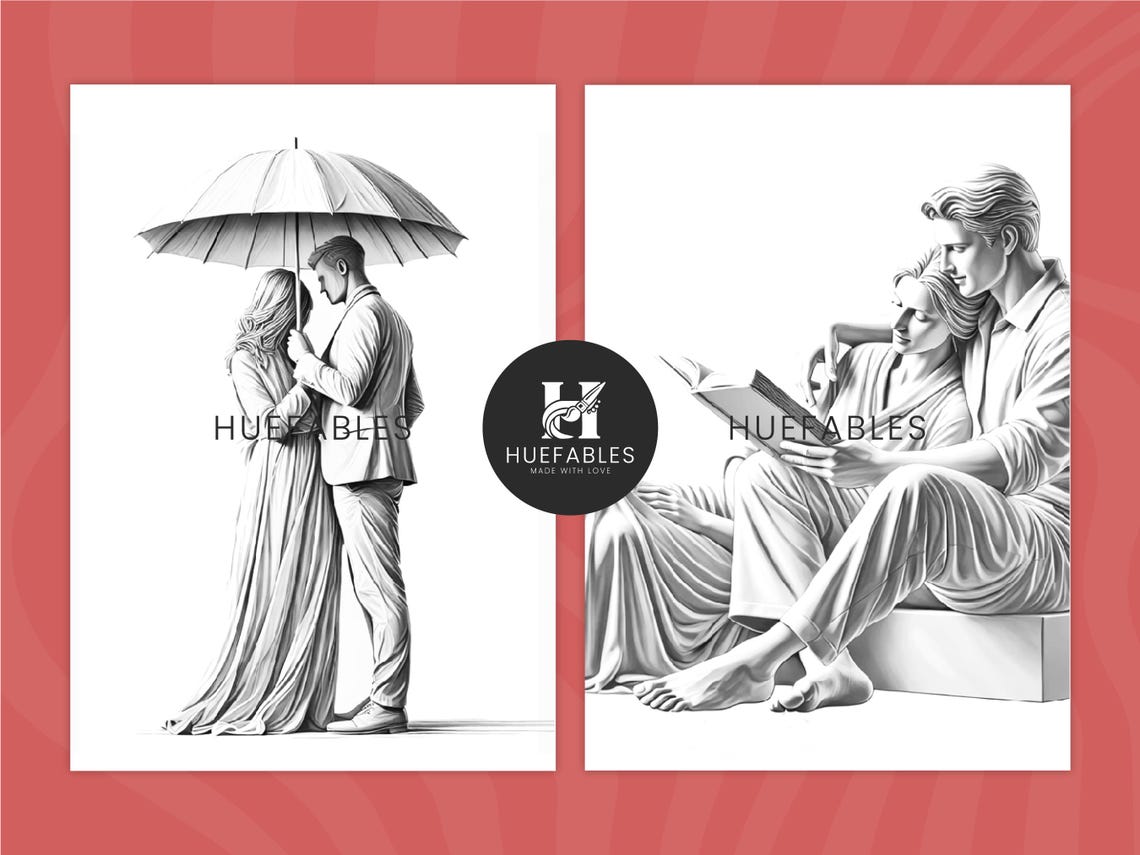Lover Couple Coloring Pages: Romantic Grayscale Illustrations (PDF ...