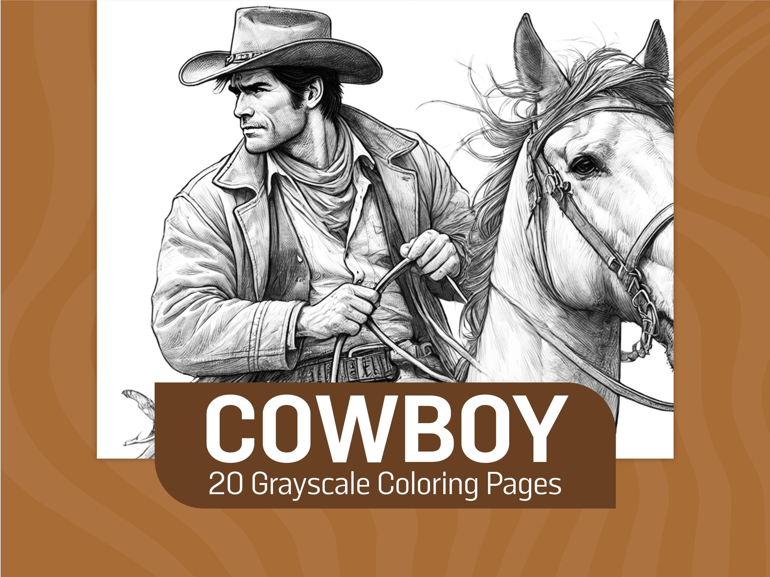 Cowboy Coloring Pages: Grayscale Wild West Art (PDF Download) - Etsy