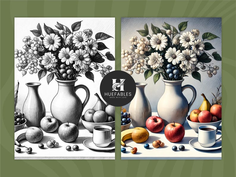Still Life Coloring Pages: 10 Grayscale Designs (PDF) - Etsy