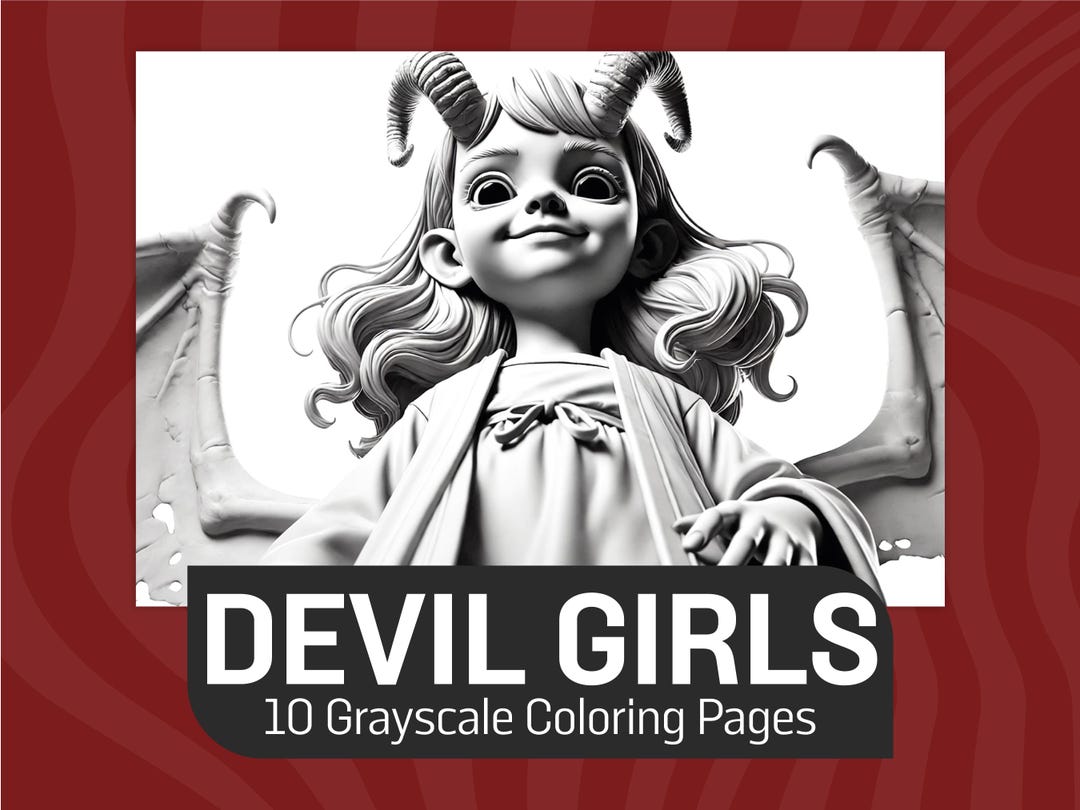 Grayscale Devil Girls Coloring Pages for Adults & Kids Creepy Devil ...