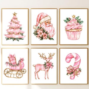 Pink Christmas Set of 6 Prints, Pink Xmas Home Decor, Santa Wall Art ...