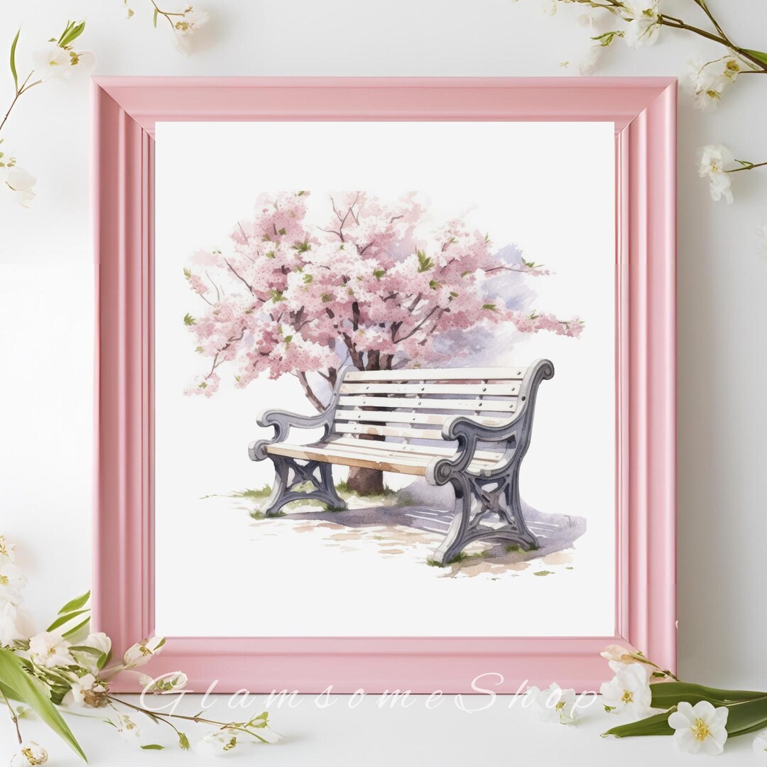 Cherry Blossom Park Bench Print, Romantic Watercolor Landscape (digital ...