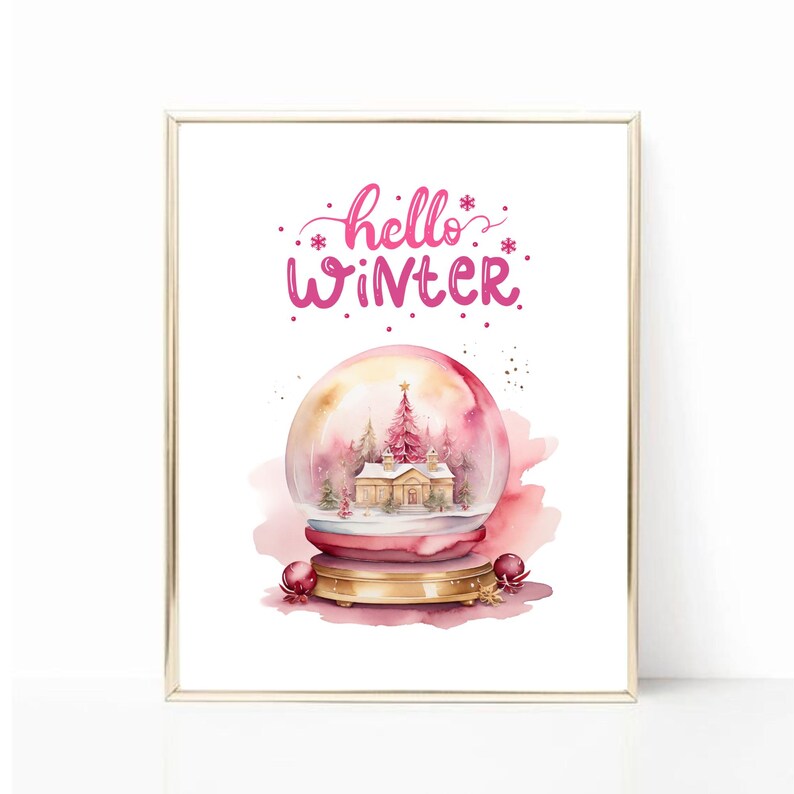 Hello Winter Printable Wall Art, Christmas Quote Wall Decor, Pink Snow ...