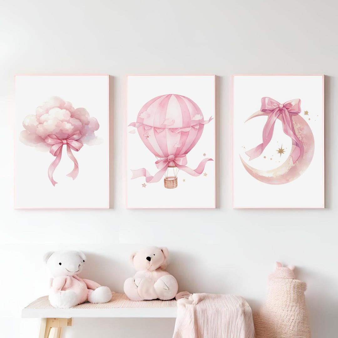 Blush Pink Nursery Wall Art – Dreamy Watercolor Cloud, Balloon & Moon ...