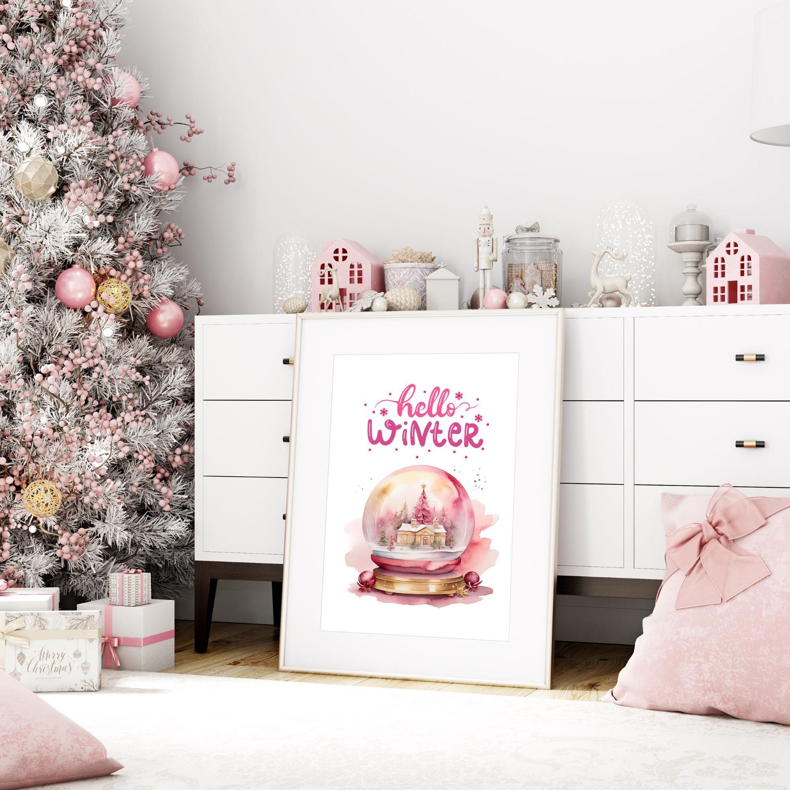 Hello Winter Printable Wall Art, Christmas Quote Wall Decor, Pink Snow ...