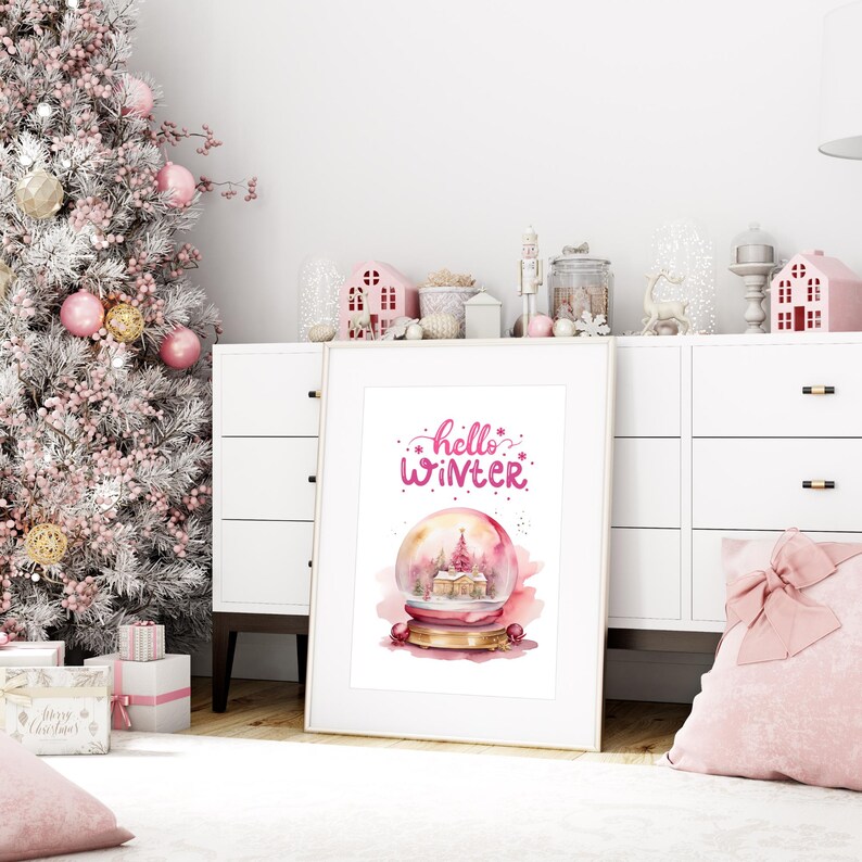 Hello Winter Printable Wall Art, Christmas Quote Wall Decor, Pink Snow ...