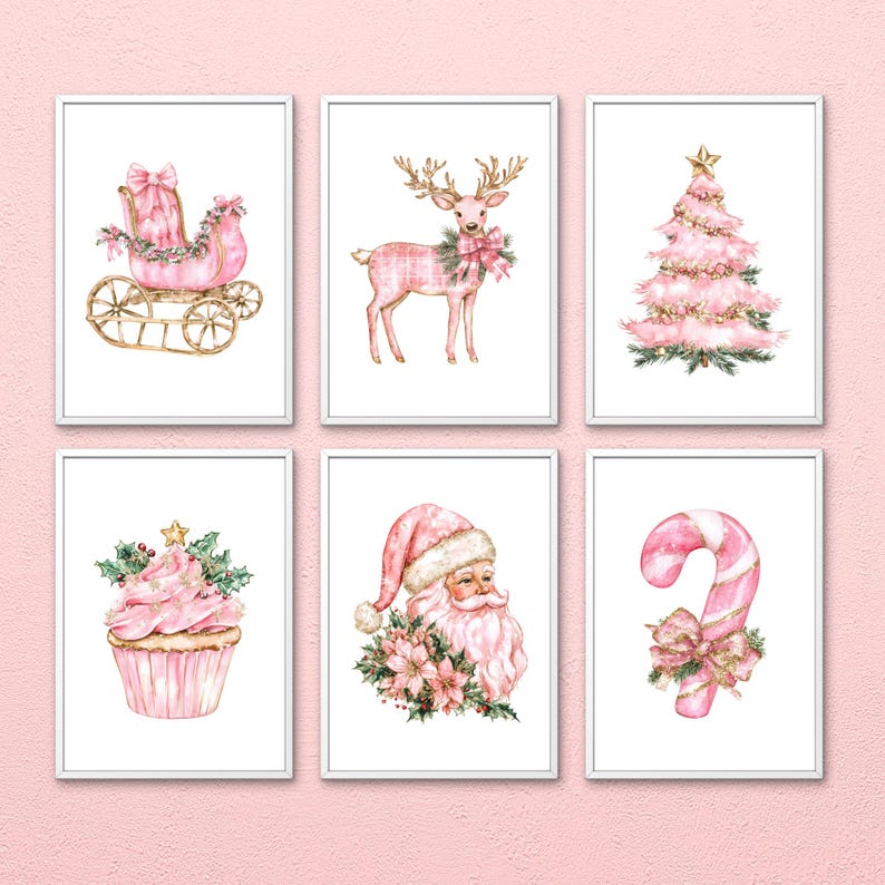 Pink Christmas Set of 6 Prints, Pink Xmas Home Decor, Santa Wall Art ...