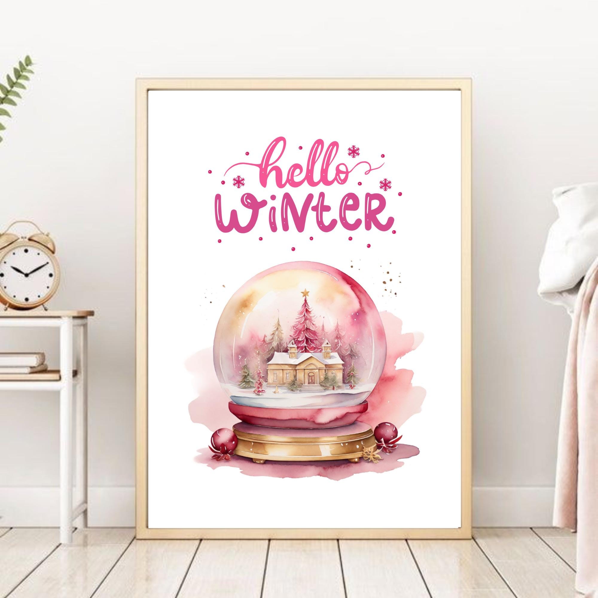 Hello Winter Printable Wall Art, Christmas Quote Wall Decor, Pink Snow ...