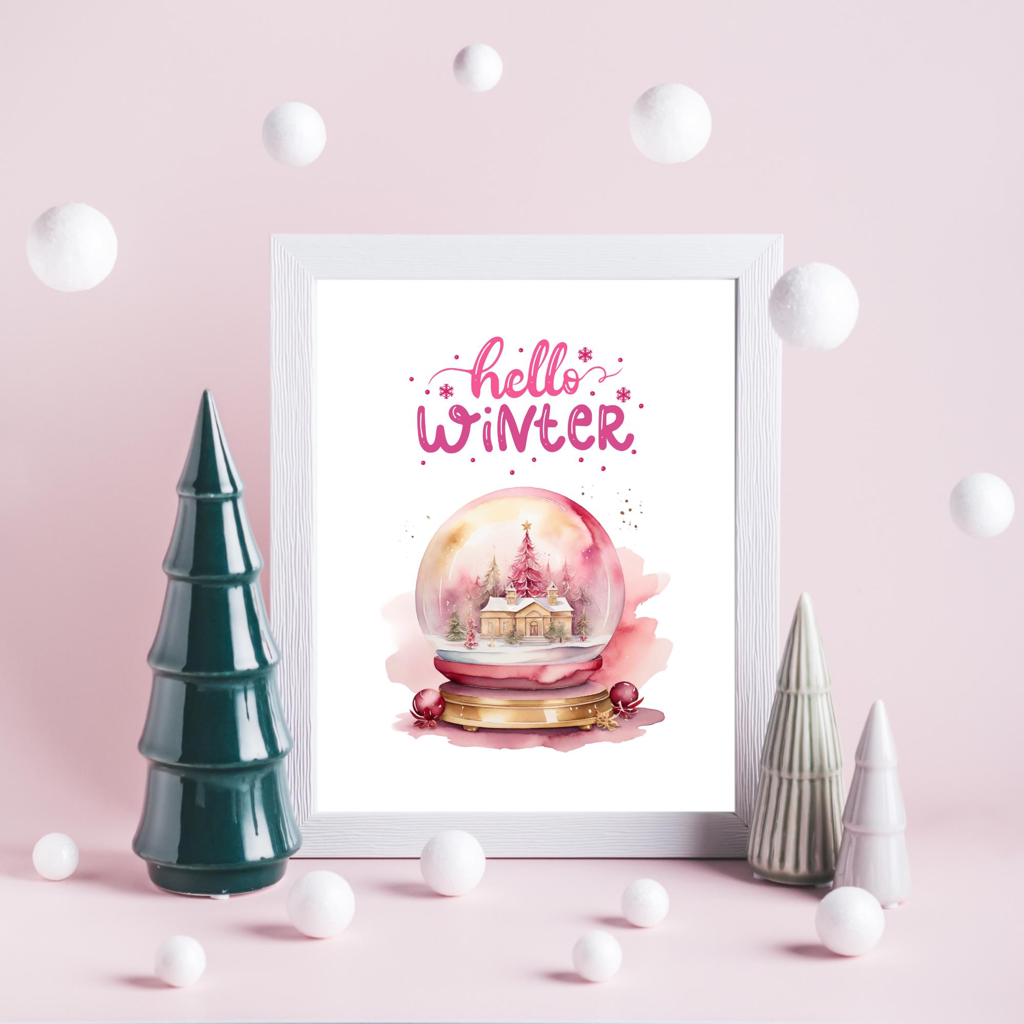 Hello Winter Printable Wall Art, Christmas Quote Wall Decor, Pink Snow ...