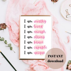 Positive Affirmation Wall Art – I Am Worthy Motivational Print – Self ...