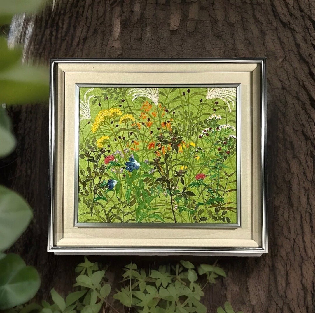 Large Vintage Japanese Mineral Pigment Painting Nihonga “wild Flowers ...