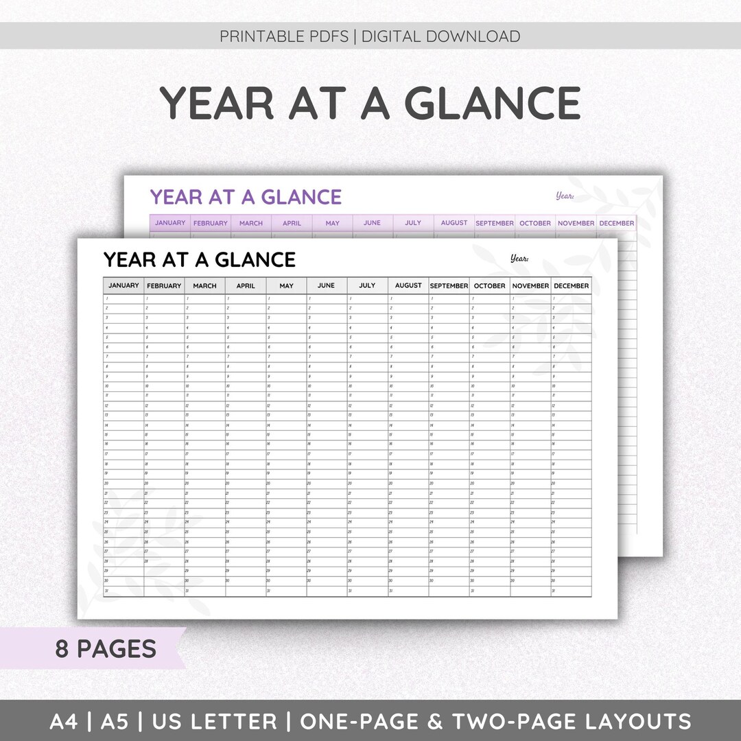 Year at a Glance Printable PDF Yearly Planner Digital Download A4 A5 US ...