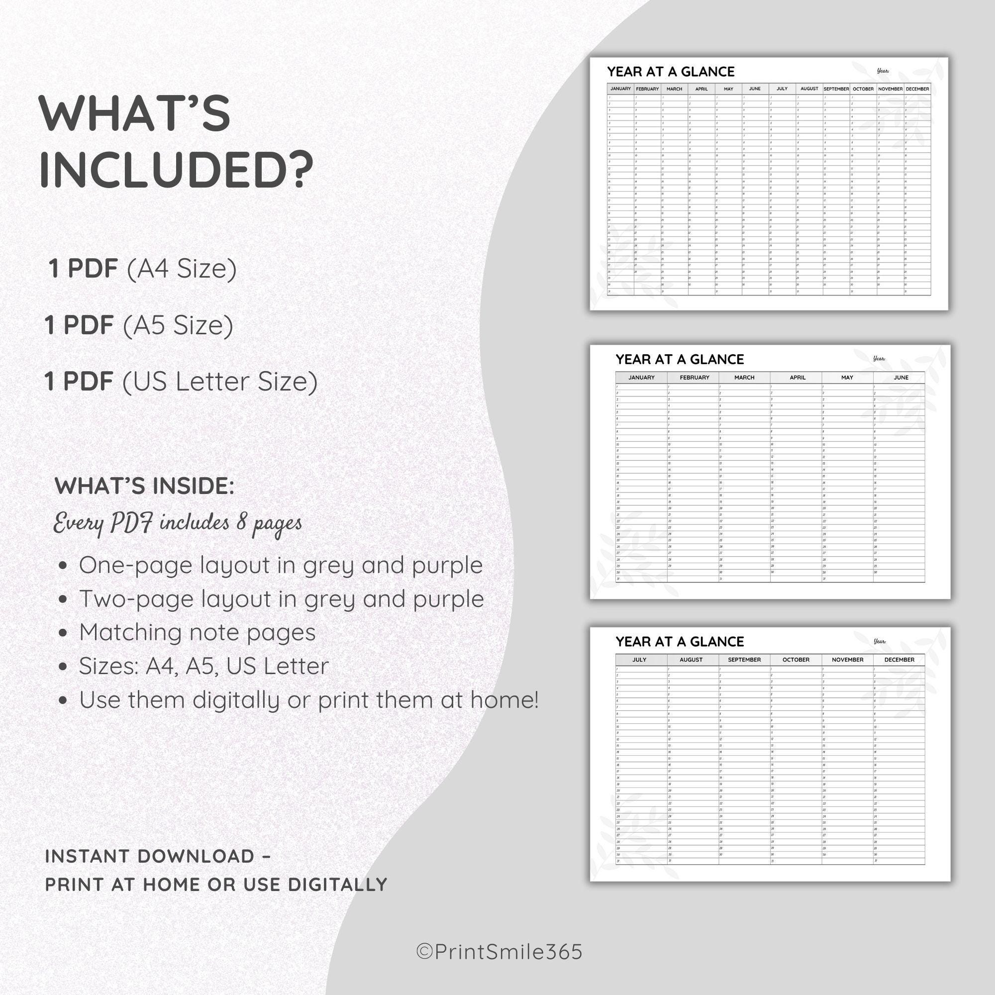 Year at a Glance Printable PDF Yearly Planner Digital Download A4 A5 US ...