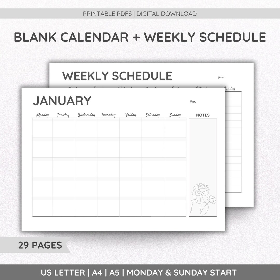 Blank Calendar Printable PDF Weekly Schedule Digital Download Monday ...