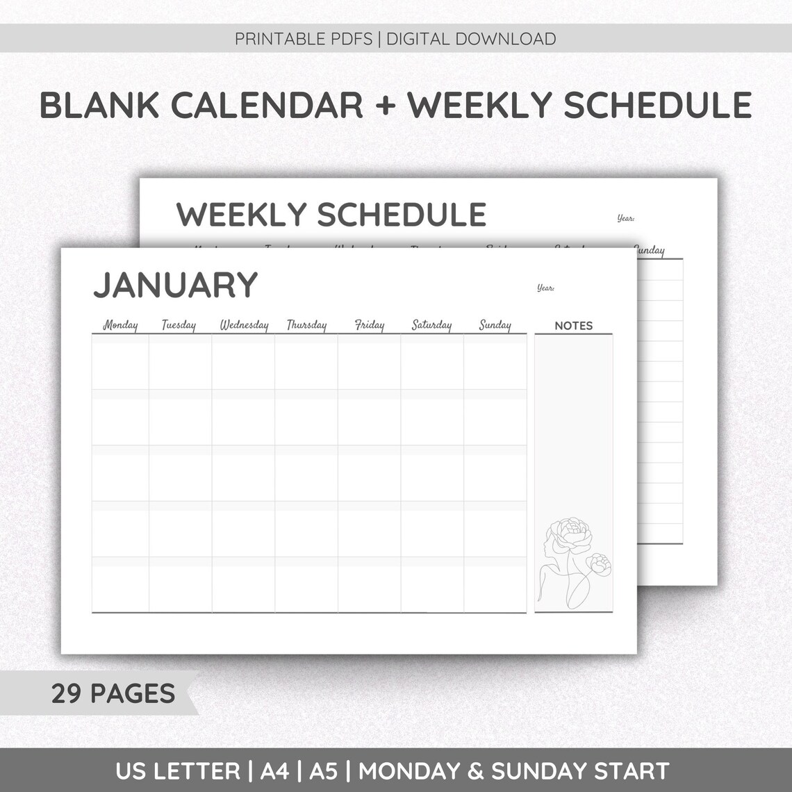 Blank Calendar Printable PDF Weekly Schedule Digital Download Monday ...