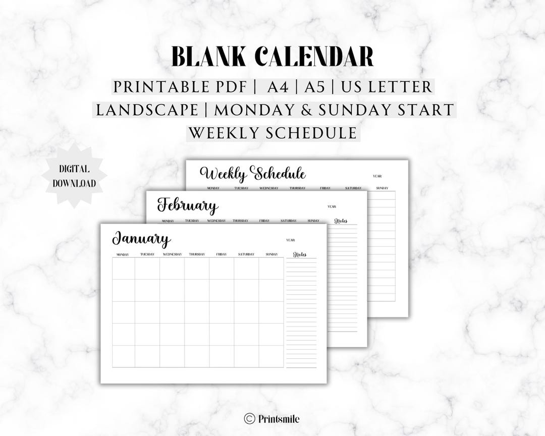 Blank Calendar Printable PDF Planner Weekly Schedule Monday & Sunday ...