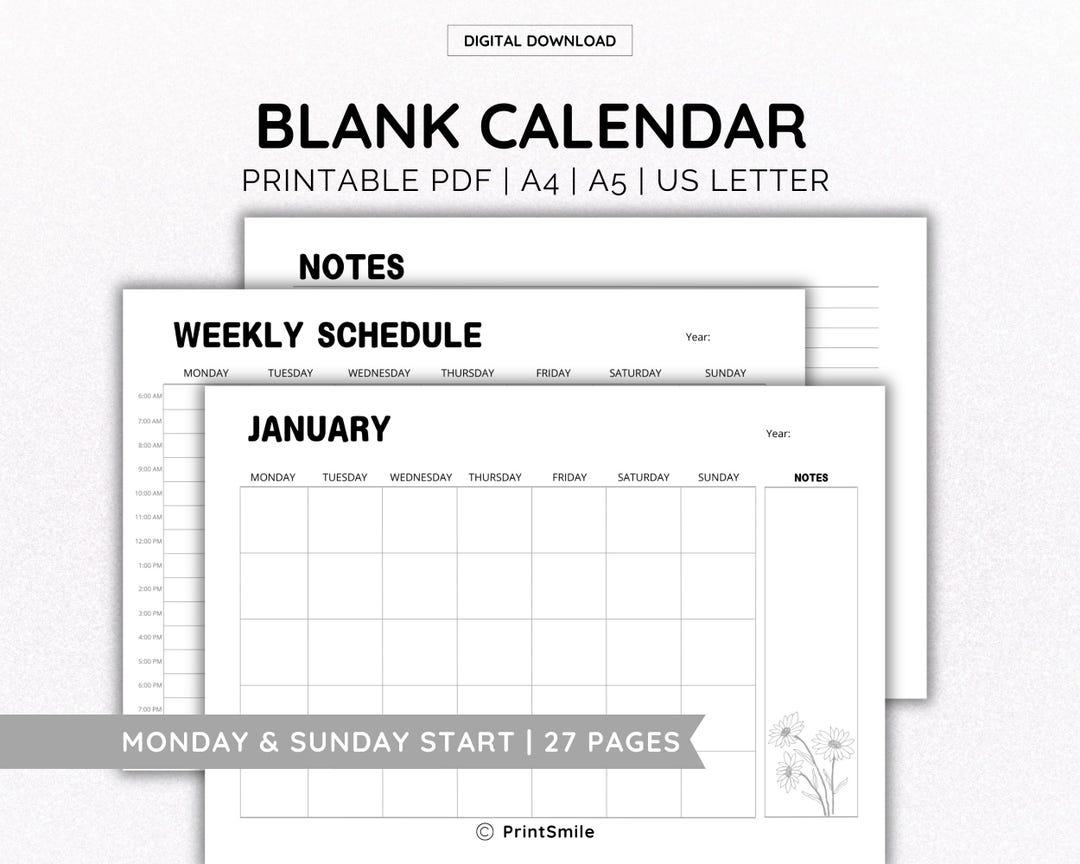 Blank Calendar Printable PDF Weekly Schedule Digital Download Monday ...