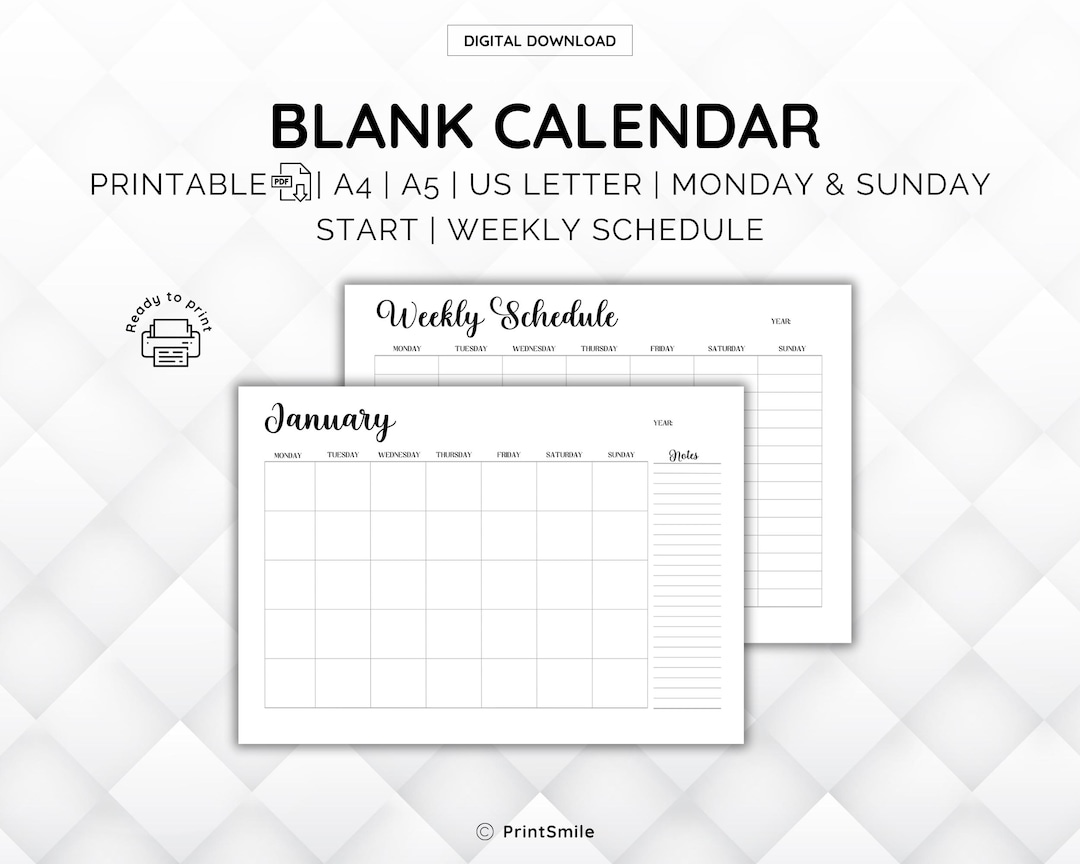Blank Calendar | Printable PDF Planner | Weekly Schedule | Monday ...