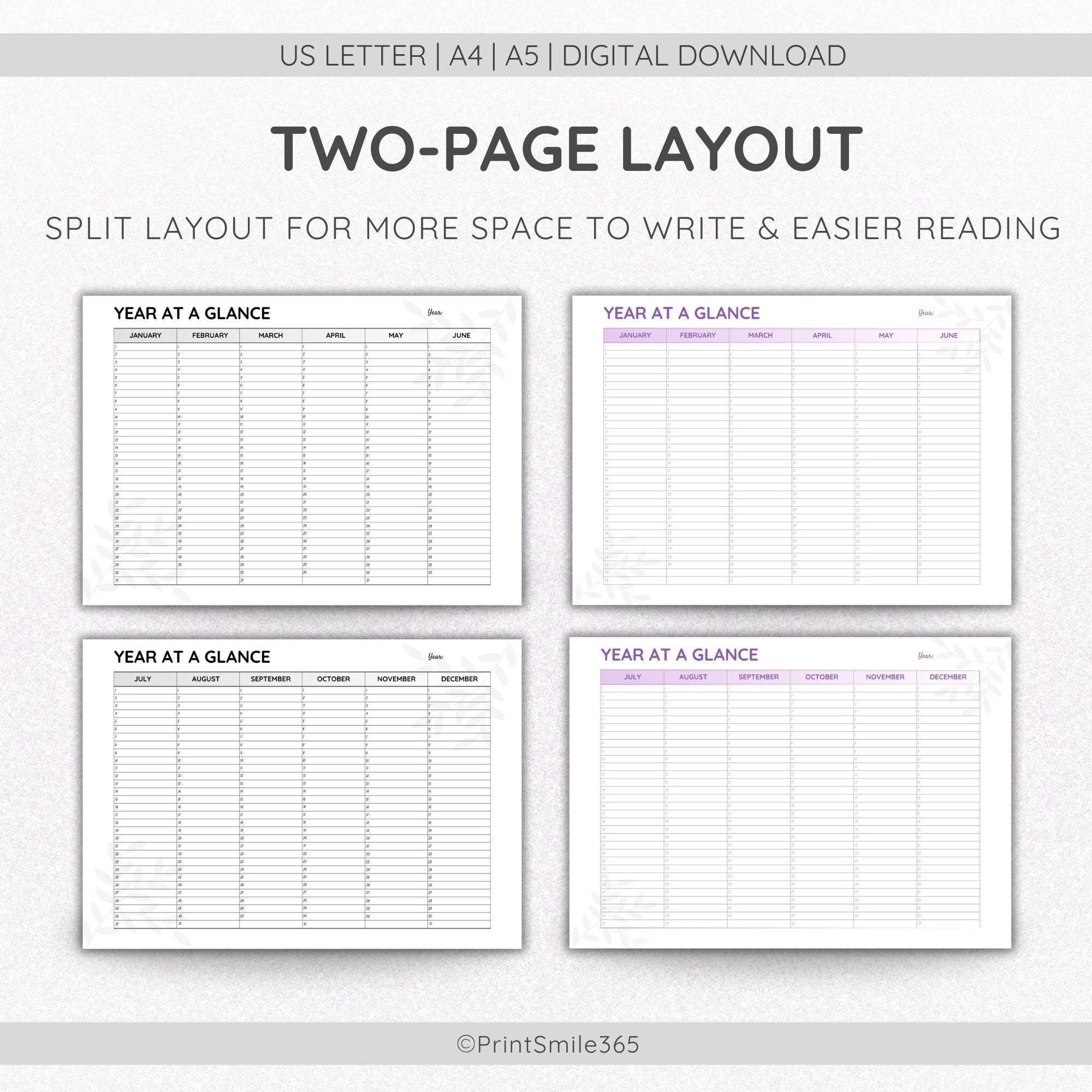 Year at a Glance Printable PDF Yearly Planner Digital Download A4 A5 US ...