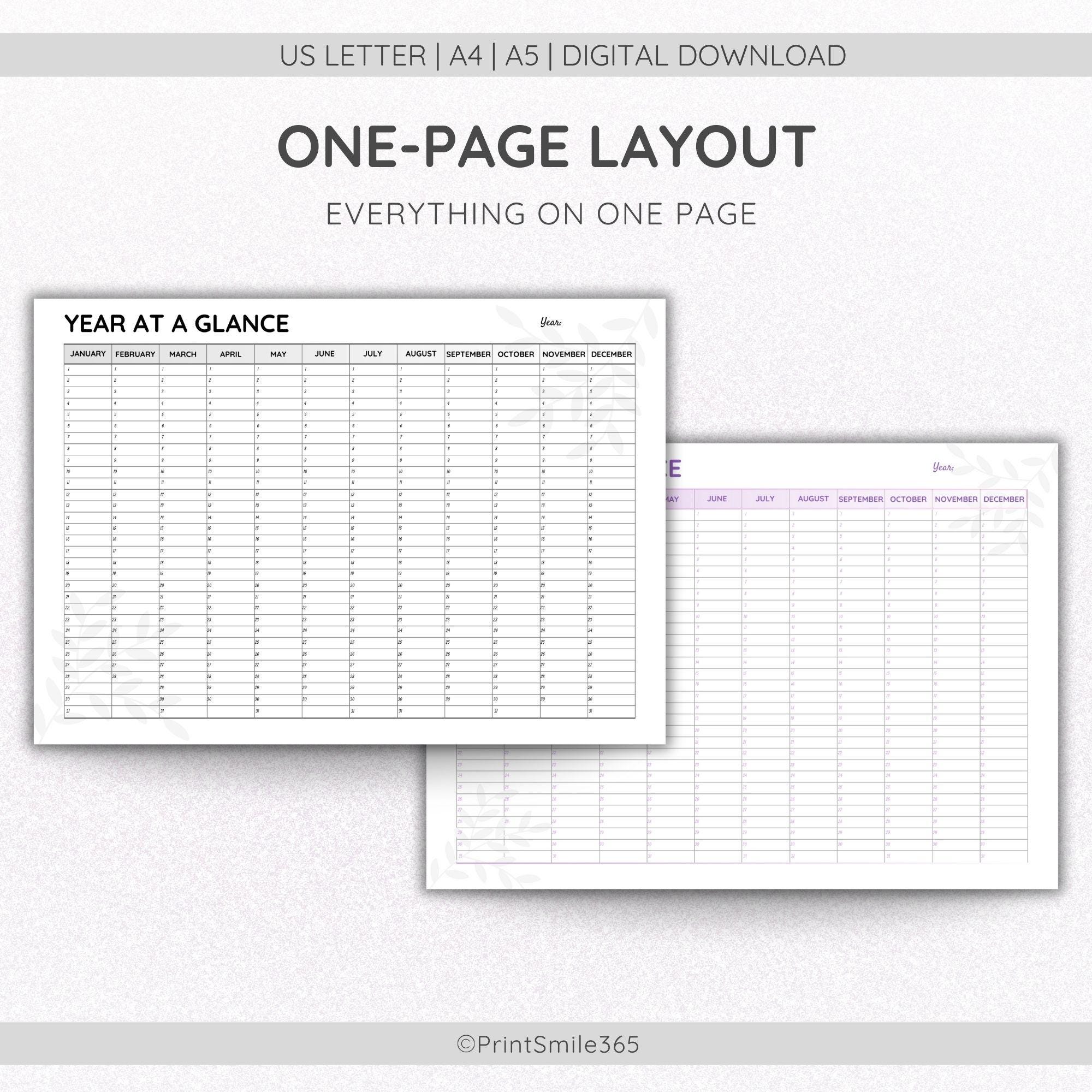 Year at a Glance Printable PDF Yearly Planner Digital Download A4 A5 US ...