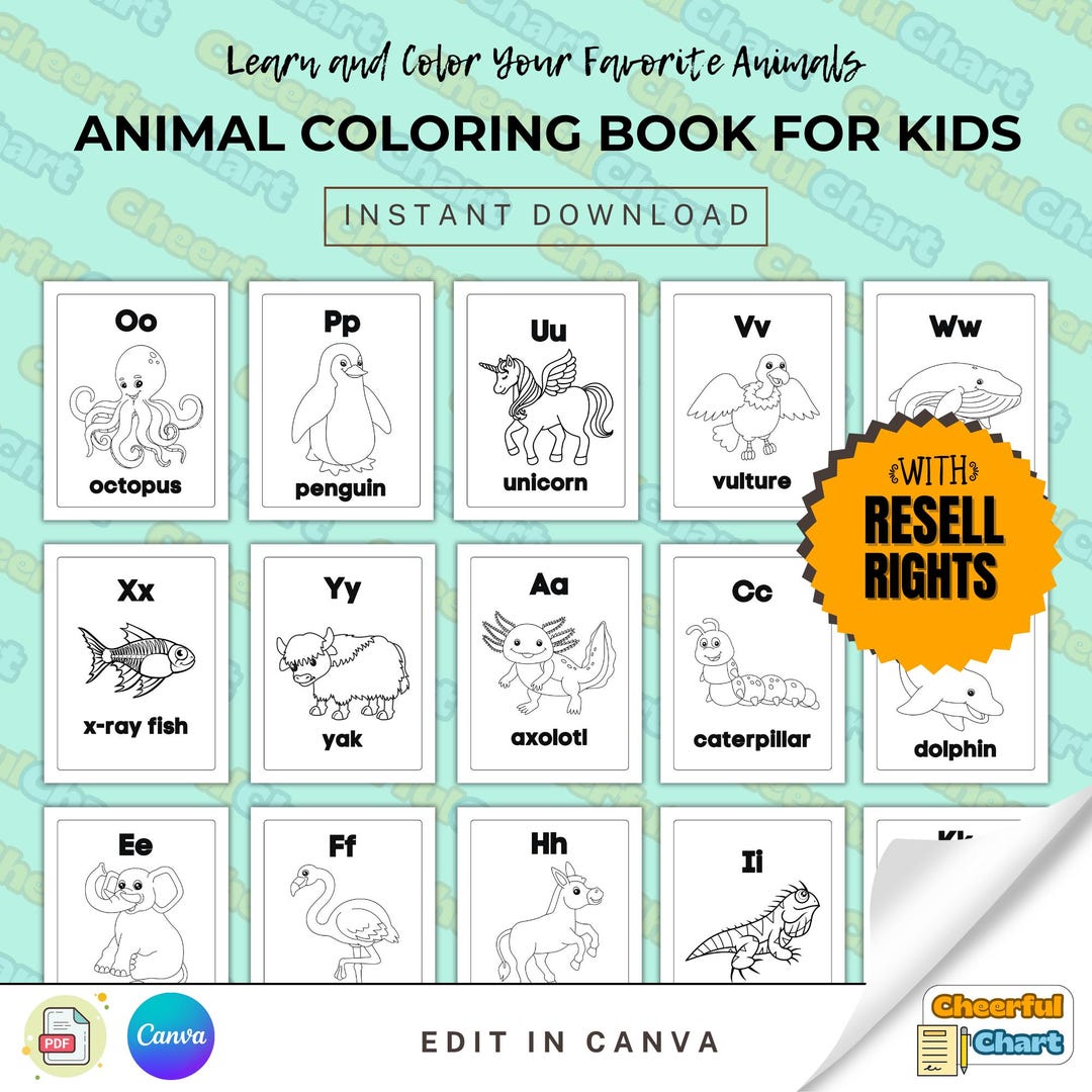Animal Coloring Book for Kids, Printable Coloring Pages PDF, Cute Abc ...