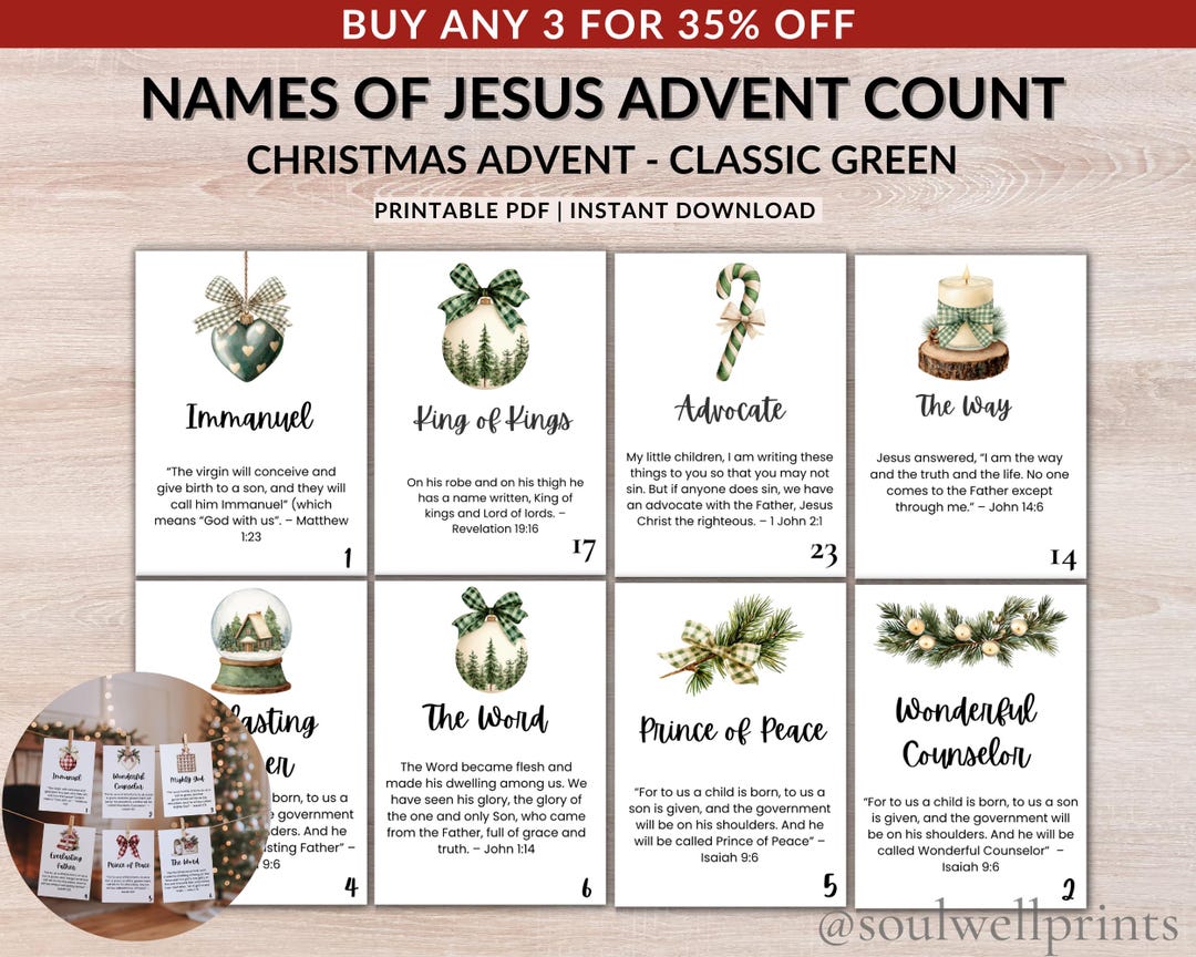 Names of Jesus Advent Calendar – Classic Green Scripture Cards | 25 Day ...