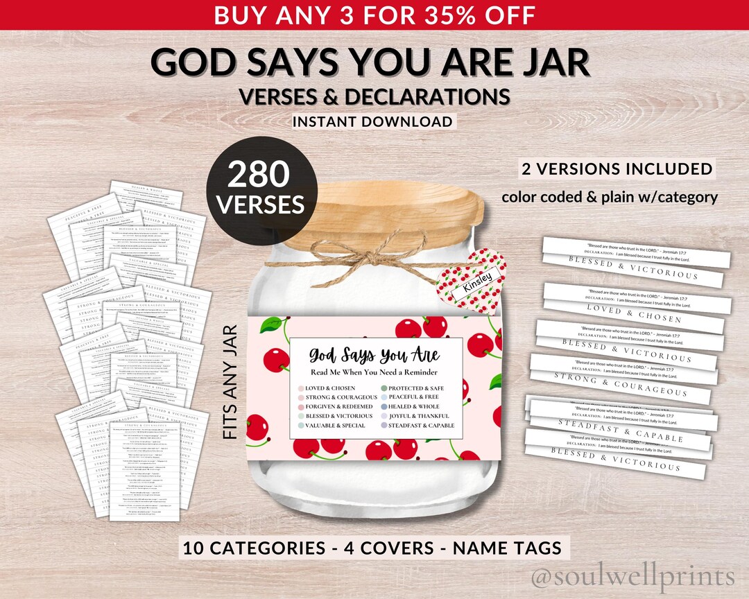 DIY Bible Verse Jar Printable | God Says You Are Cards | Color-coded ...