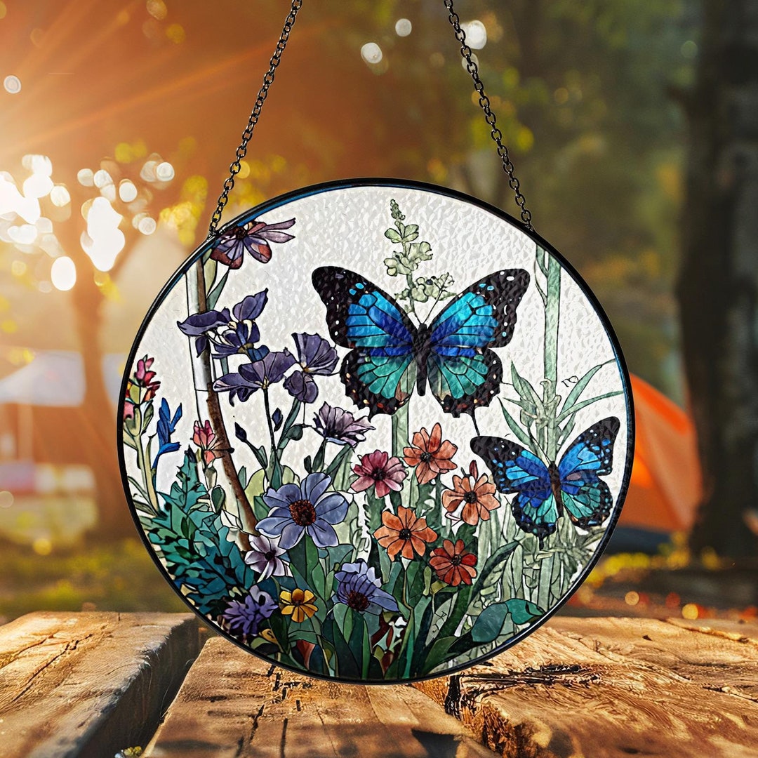 Blue Butterfly Stained Glass Suncatcher: Floral Window Hanging - Etsy