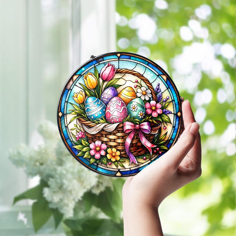 Easter Egg Basket Suncatcher, Stained Glass Style Window Hanging ...