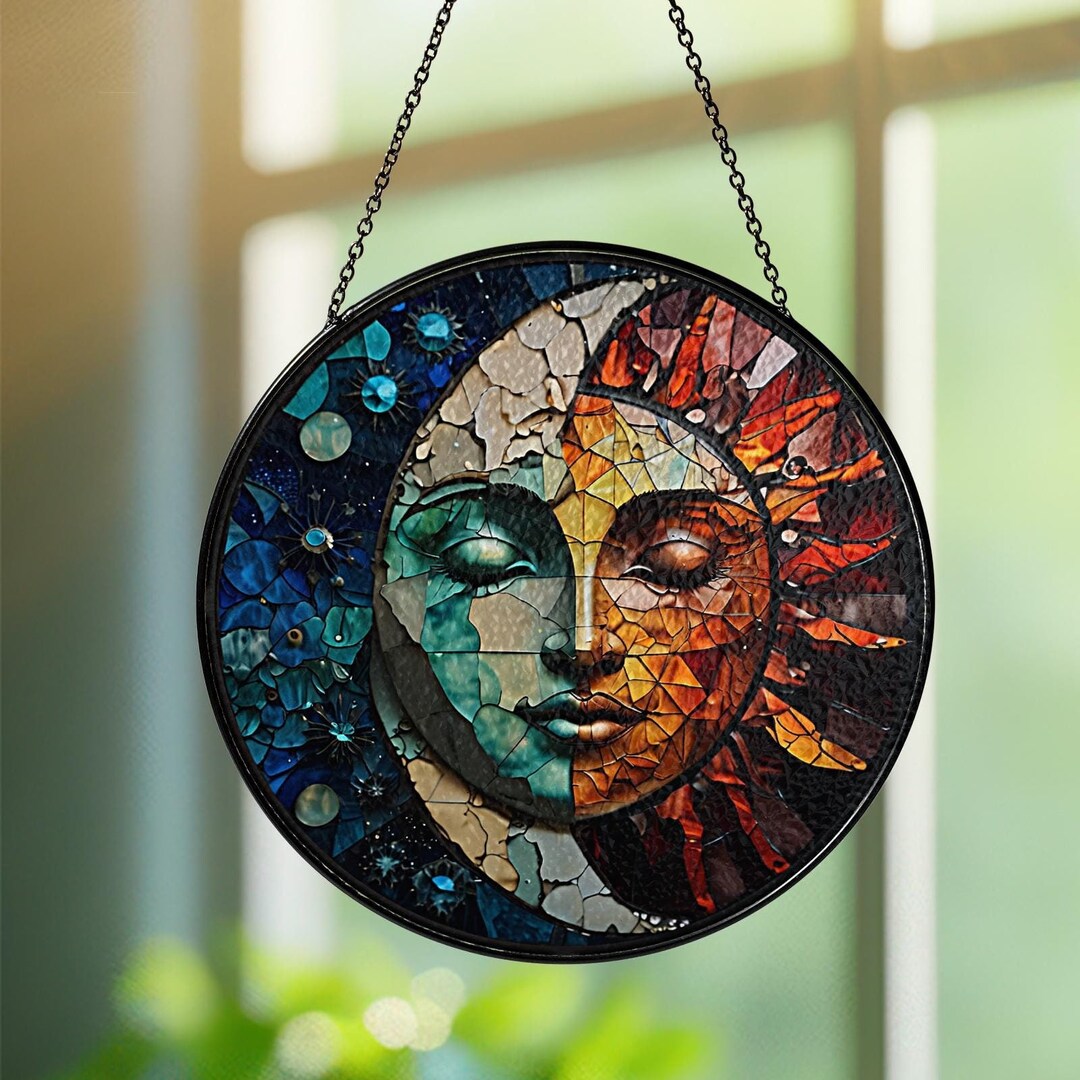 Sun & Moon Stained Glass Window Hanging Suncatcher Celestial Sun and ...