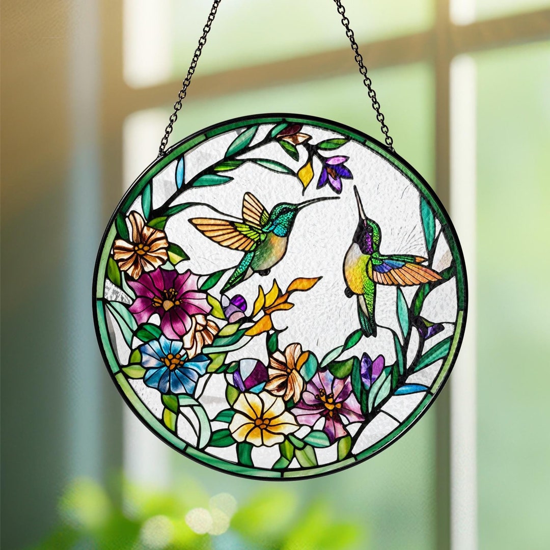 Hummingbirds Stained Glass Suncatcher, Wildflowers Window Hanging ...