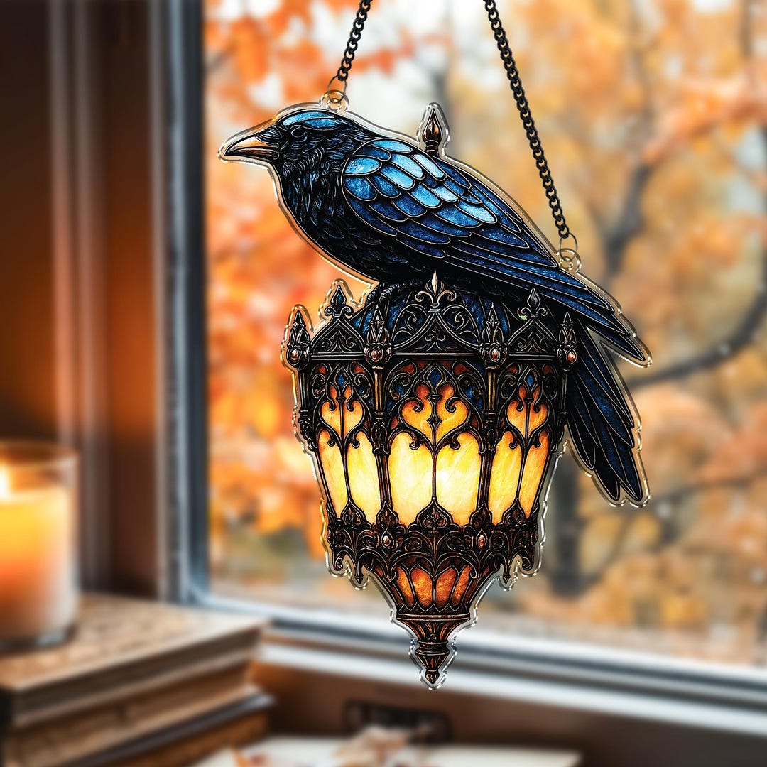 Gothic Raven Lantern Suncatcher: Acrylic Faux Stained Glass Halloween ...