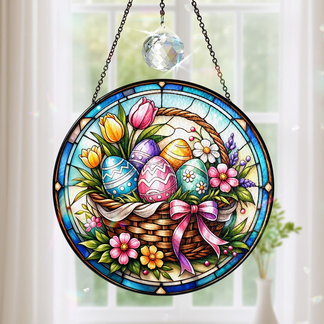 Easter Egg Basket Suncatcher, Stained Glass Style Window Hanging ...
