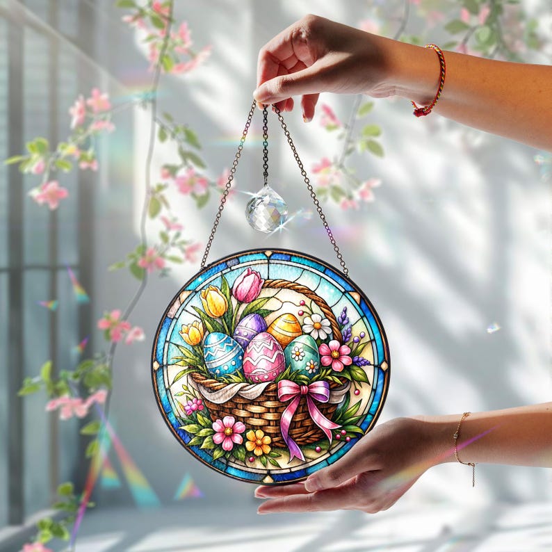 Easter Egg Basket Suncatcher, Stained Glass Style Window Hanging ...