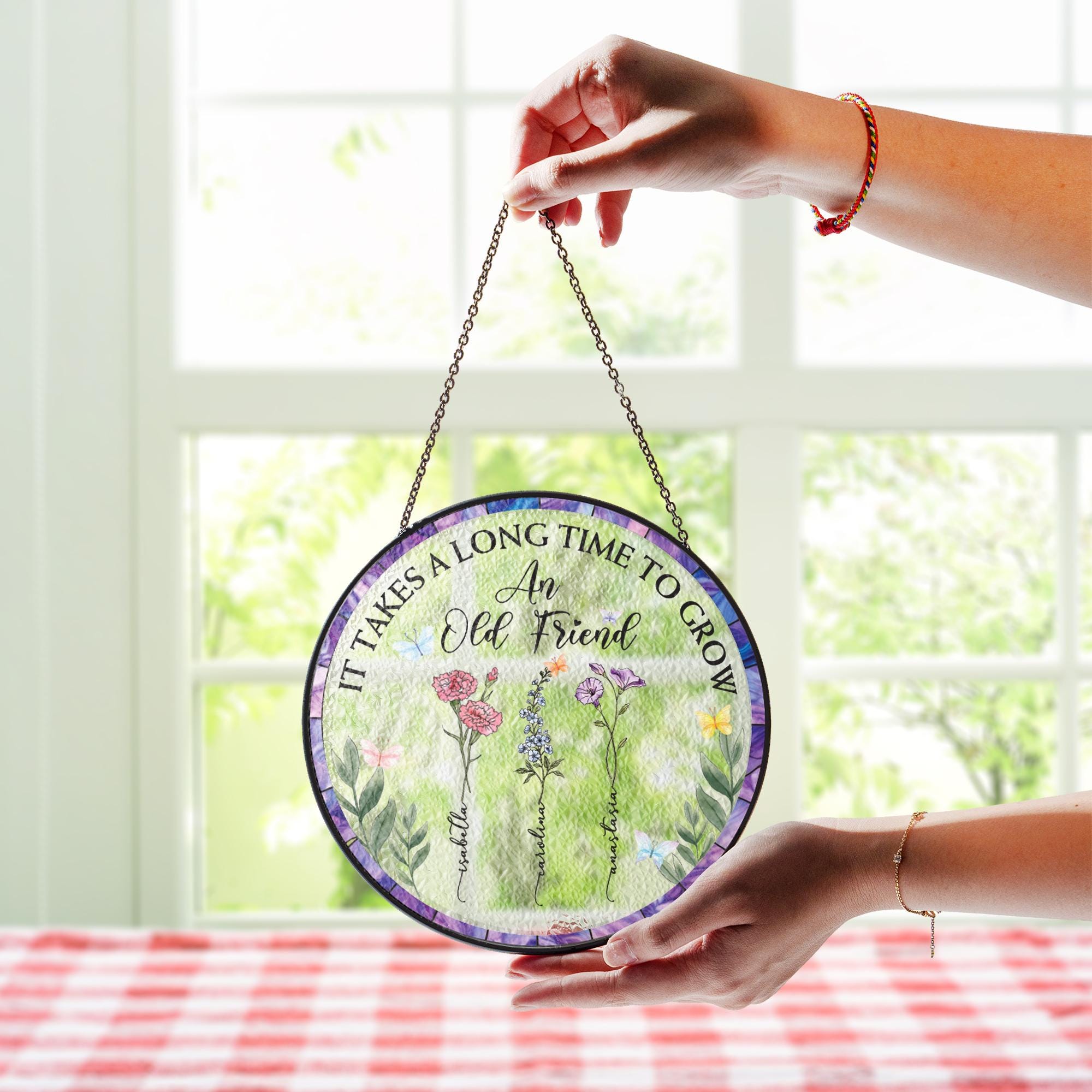 Custom Old Friend Birth Flower Suncatcher,friendship Gift, Stained ...