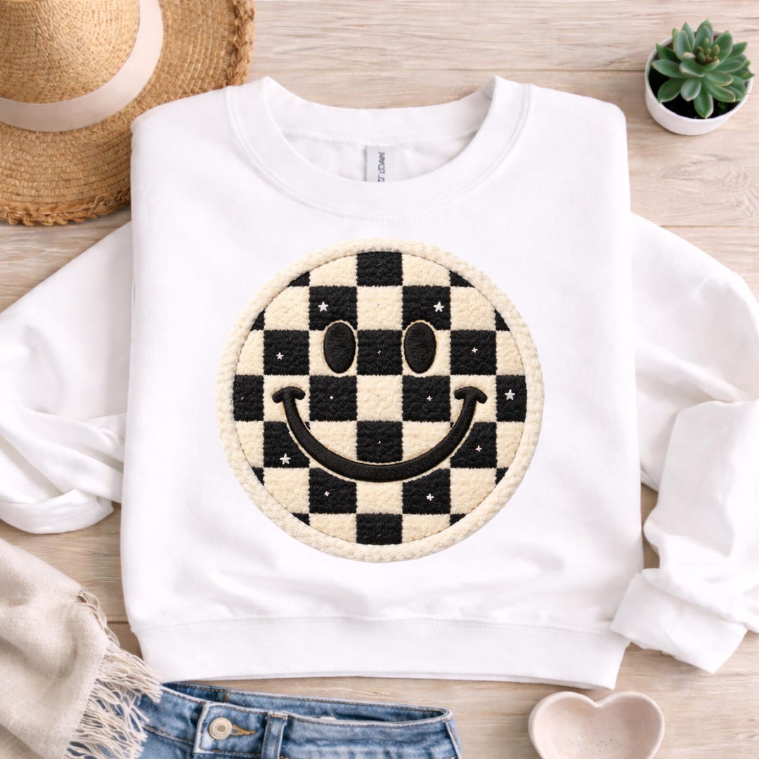 Checkerboard Smiley Face PNG | Faux Chenille, Embroidery (digital ...